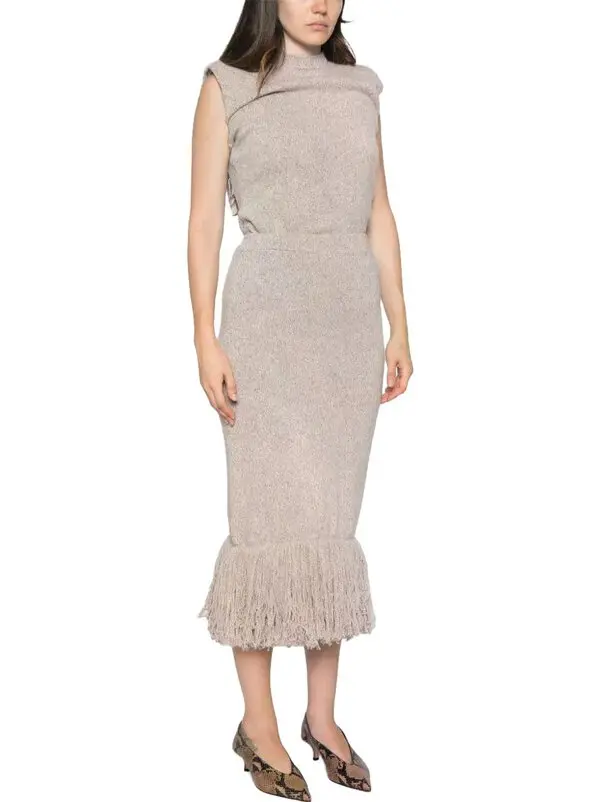 ELY ELY Fringe-trim Knitted Midi Skirt - Neutrals