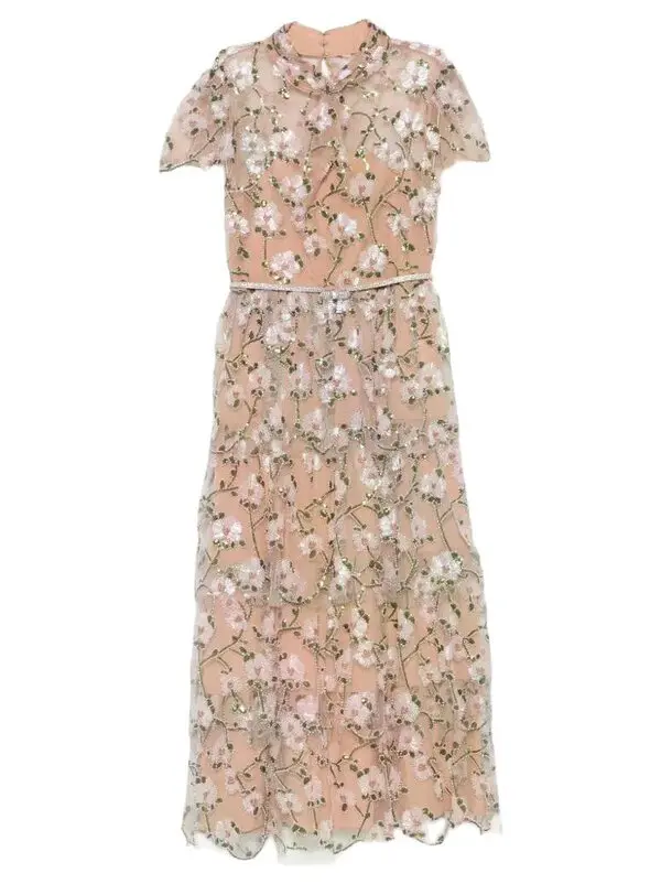 SELF-PORTRAIT Sequin-embellished Floral-embroidered Midi Dress - Pink