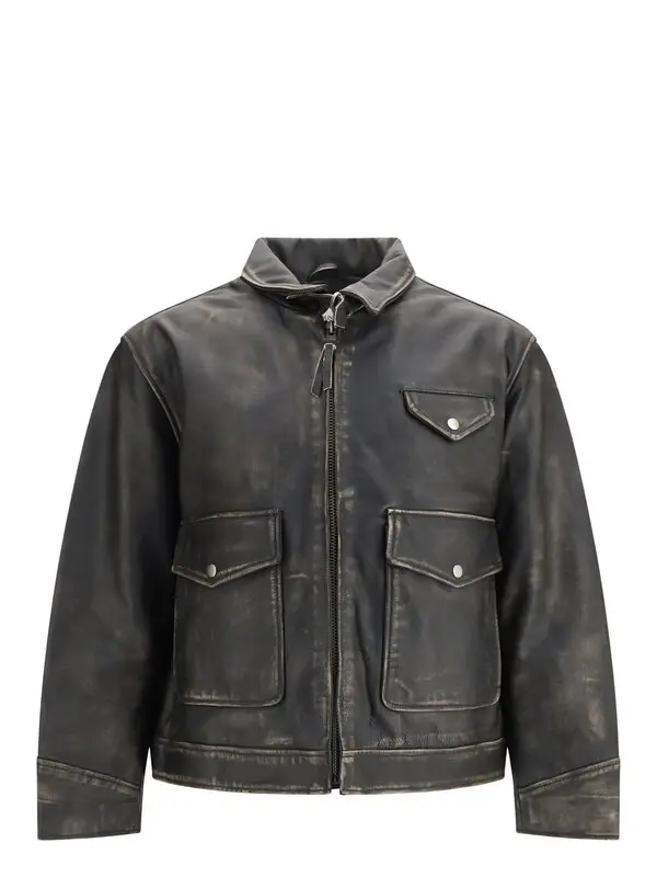 FOUND Aged Leather Jacket With Shirt Collar - Brown