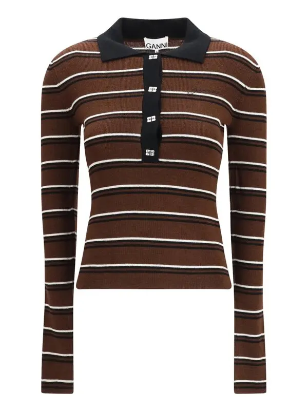GANNI Striped Merino Polo Shirt - Brown