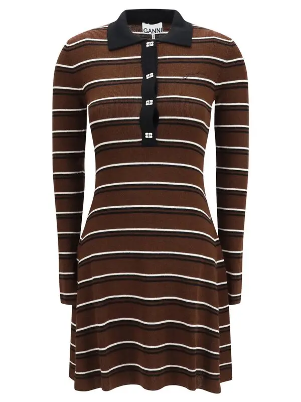 GANNI Striped Wool Polo Dress Feale - Brown