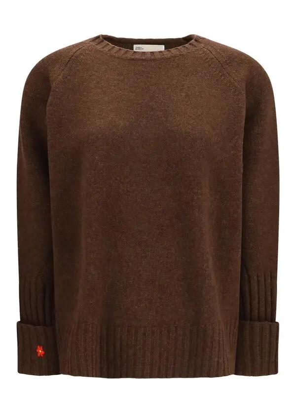 Tory Burch Merino Wool Crew Neck Sweater With Floral Embroidery - Brown
