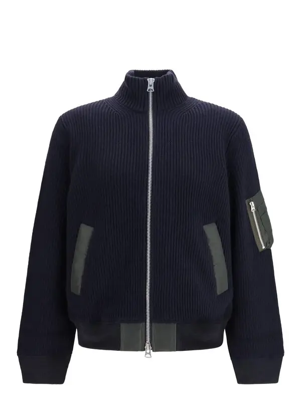 Sacai Ribbed High Neck Zip-up Sweater With Contrast Pockets - Blue
