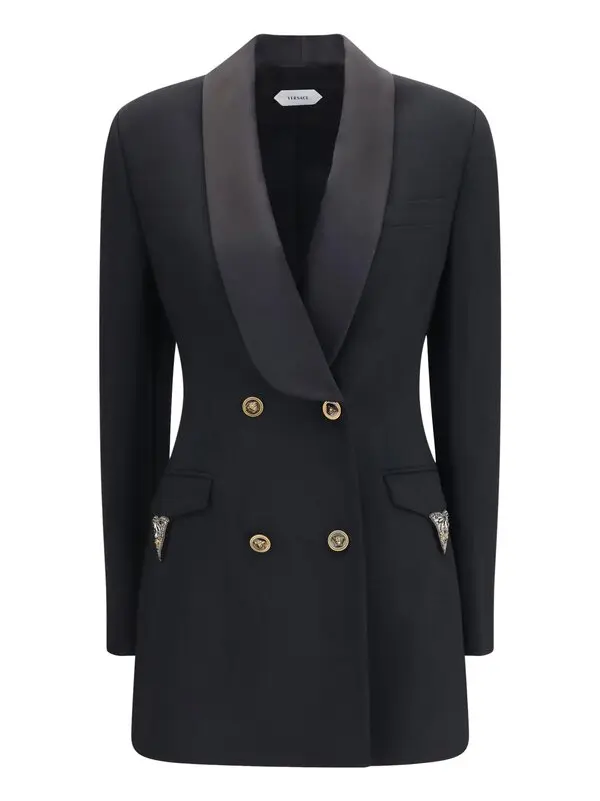 Versace Wool Double Breasted Blazer With Embellished Details - Black
