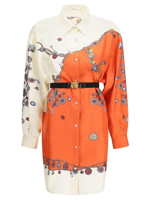Versace Printed Silk Shirt Mini Dress - Orange