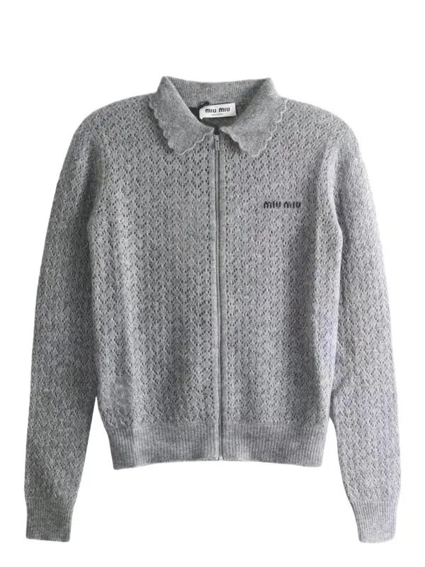 Miu Miu Cashmere And Silk Cardigan With Scalloped Collar - Grey