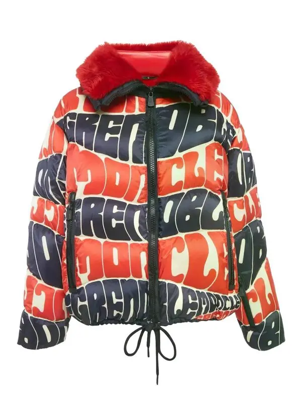 Moncler All-over Logo Print Faux Fur Collar Puffer Jacket - Red