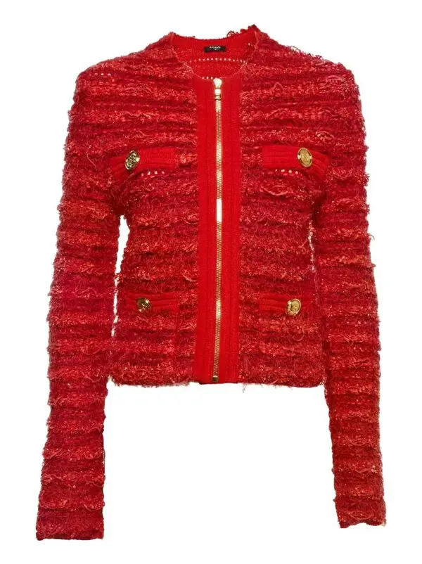 Balmain Tweed Button-embellished Zip-up Jacket - Red