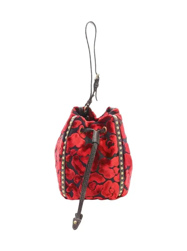 Prada Floral Print Studded Velvet Bucket Bag - Red