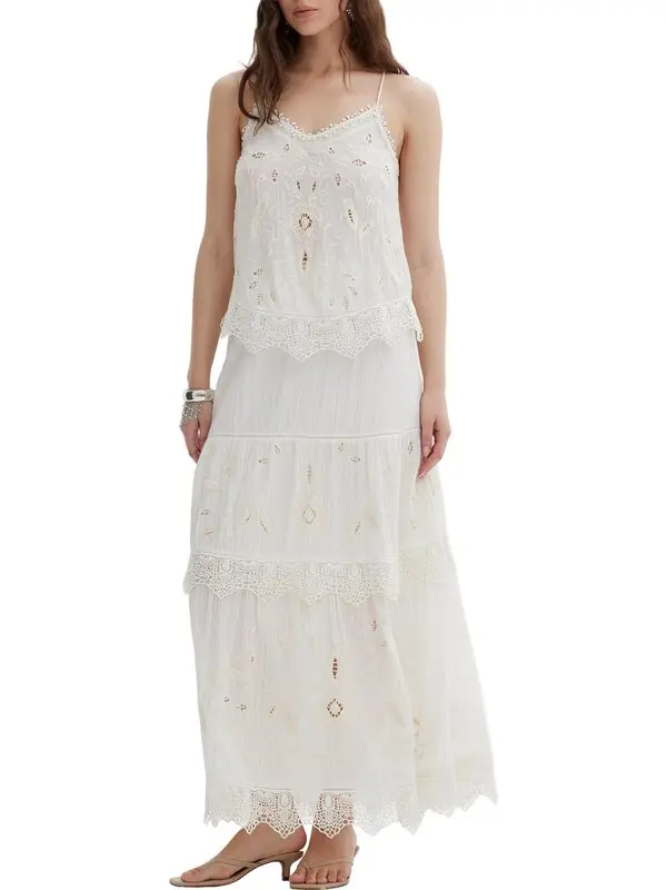SCARLETT POPPIES Erica Crinkled Crepe Tiered Maxi Skirt - White