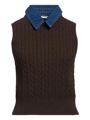 Sandro Sleeveless Cable Knit Sweater With Denim Collar - Brown