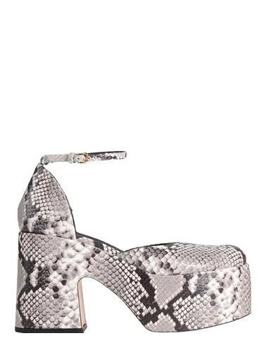 ODISSI Snakeskin Print Leather Platform Pumps With Ankle Strap - Light Grey