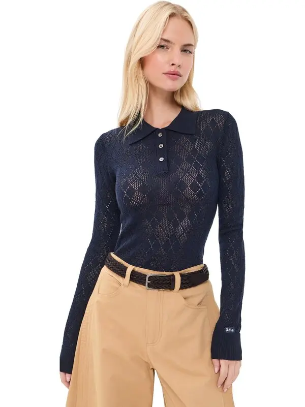 Sea Jane Argyle Pointelle Knit Polo Sweater - Navy