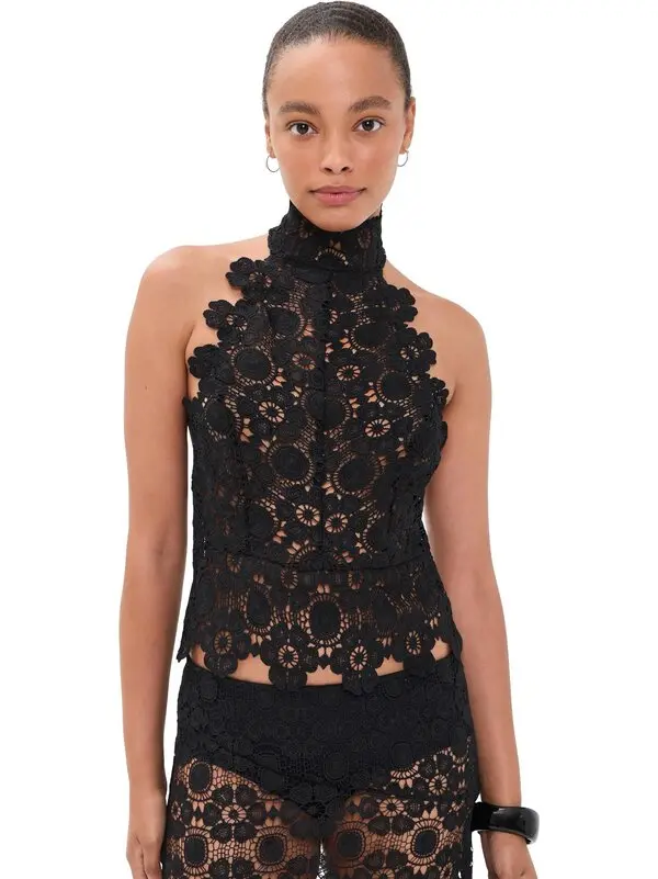 Lioness Trophy Halter Top In Crochet Lace - Noir
