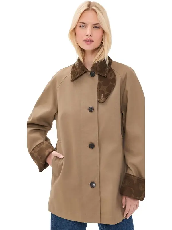 Marimekko Essee Cotton Twill Coat With Floral Corduroy Collar - Brown