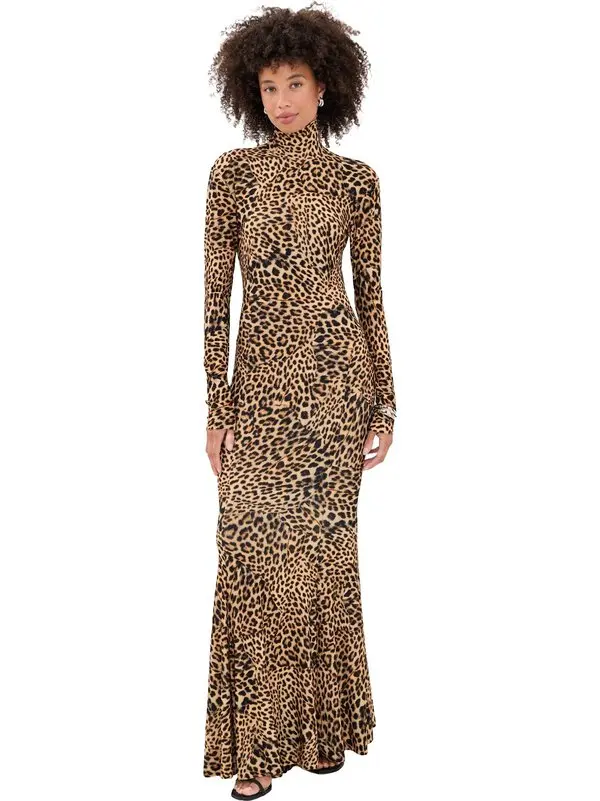 Norma Kamali Long Sleeve Turtle Fishtail Gown - Cheetah Patch