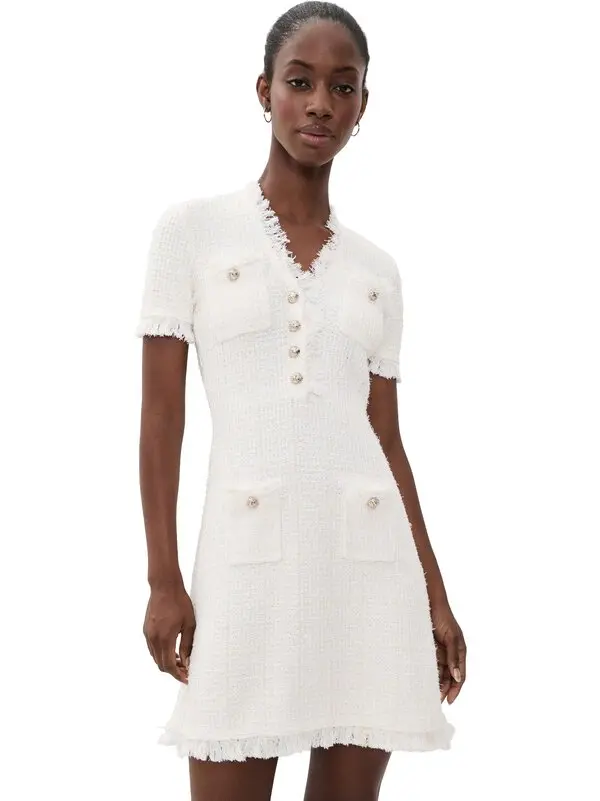 SELF-PORTRAIT Textured Knit Mini Dress With Crystal Button Detail - Cream
