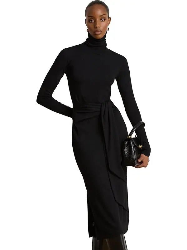 Ralph Lauren Tie-front Ribbed Turtleneck Midi Dress - Black