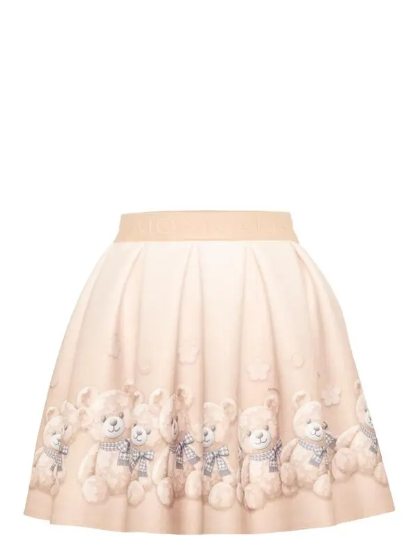 Monnalisa Teddy Bear Print Pleated Skirt - Beige