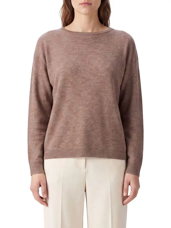 Fabiana Filippi Wool Blend Crewneck Jumper With Sequin Appliqu - Coffee