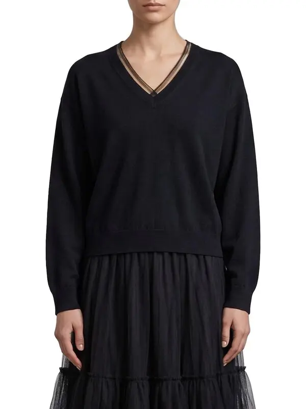 Fabiana Filippi V-neck Wool And Cotton Blend Long-sleeved Jumper - Black