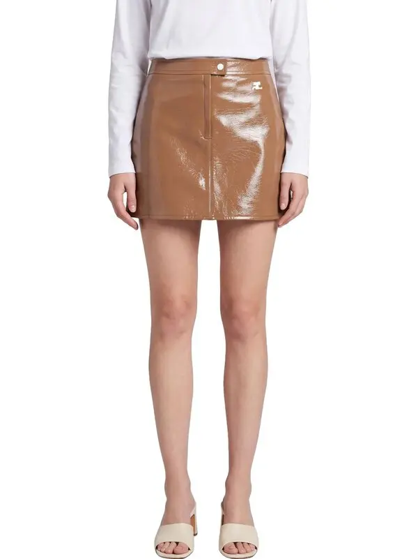 COURREGES Embroidered Logo Coated Cotton Pencil Mini Skirt - Nude