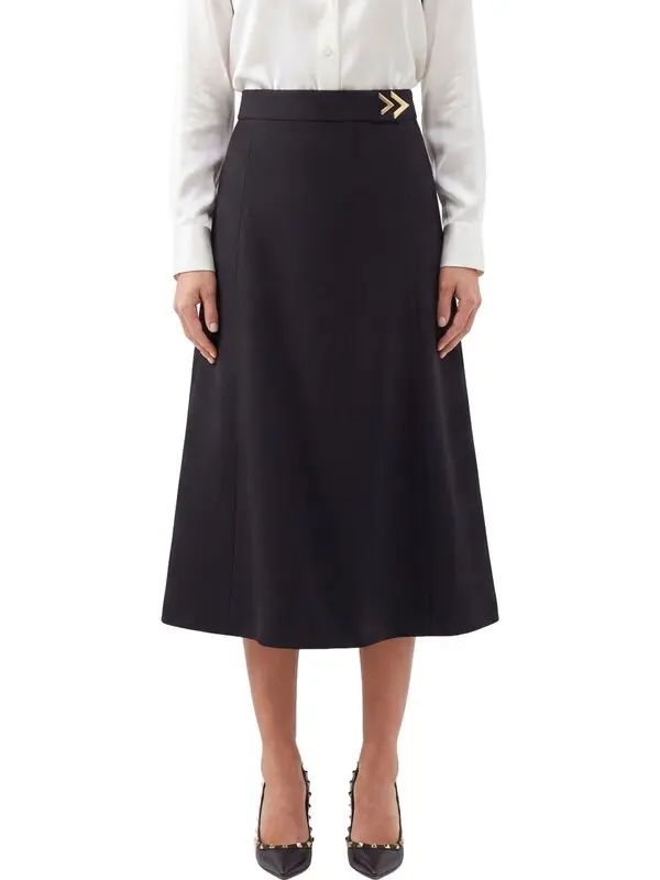 Valentino Garavani High-waisted Flared Midi Skirt In Wool And Silk - Black