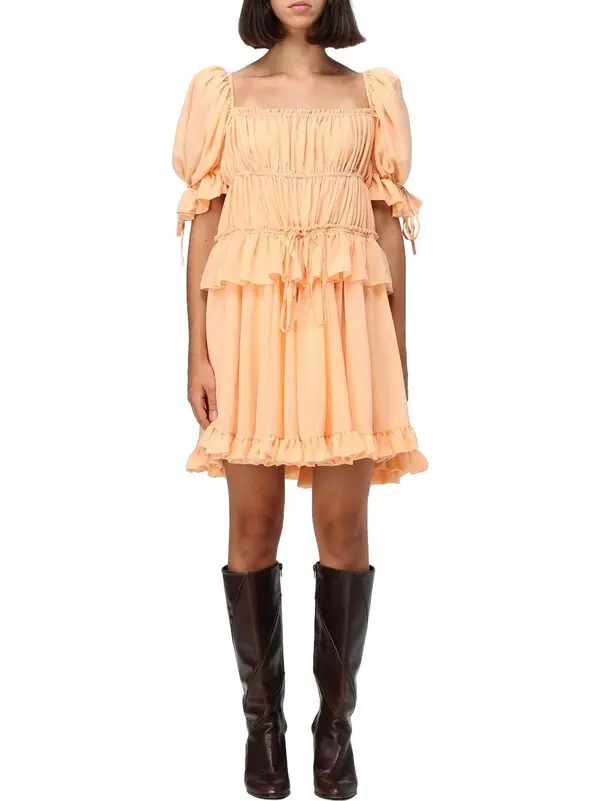Chloé A-line Silk Mini Dress With Square Neckline And Puff Sleeves - Orange