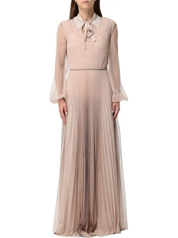 Fabiana Filippi Pleated Tulle Long Chemisier Dress With Detachable Collar - Beige