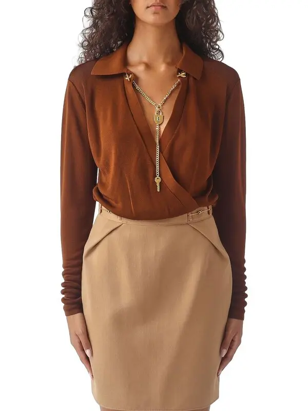 Elisabetta Franchi Long-sleeved Blouse With Metallic Mesh Details - Brown
