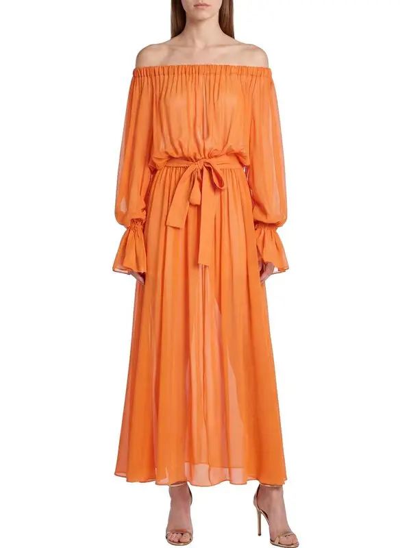 COLLINI MILANO 1937 Long-sleeved Chiffon Evening Gown With Tie-waist - Orange