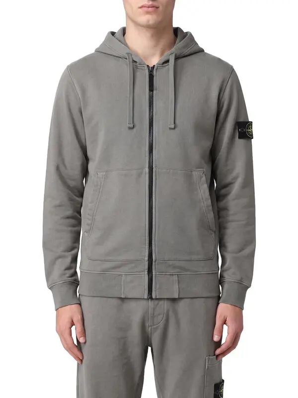 Stone Island Organic Cotton Zip-up Hoodie With Compass Logo Patch - Grey