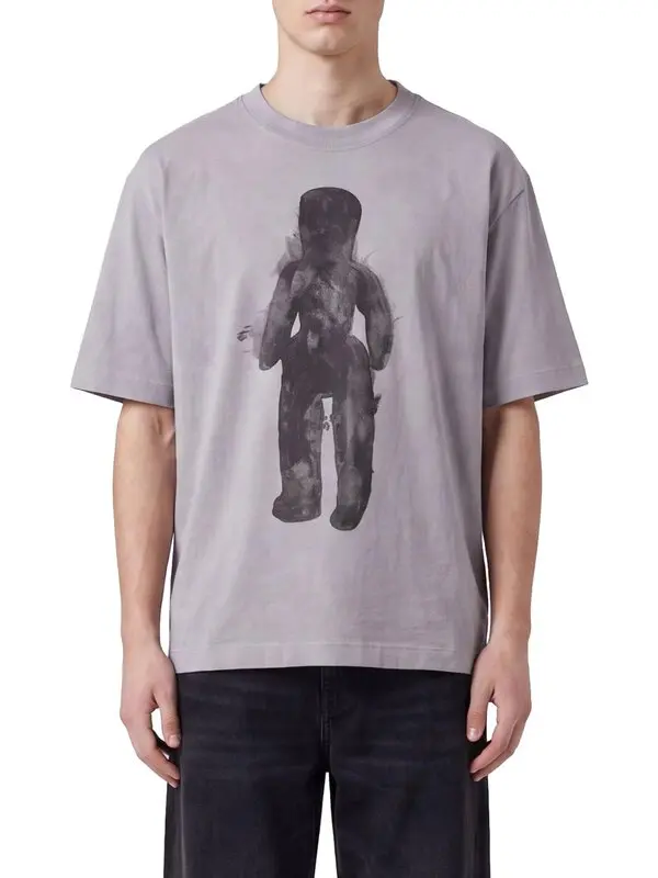 ZIGGY CHEN Drop Shoulder Graphic Print Cotton T-shirt With Crew Neck - Grey