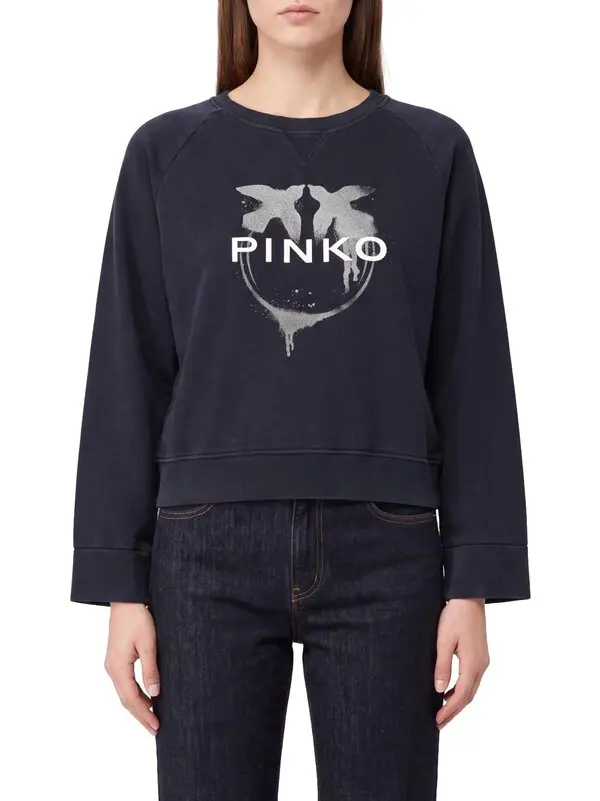 Pinko Love Birds Logo Cotton Crewneck Sweatshirt - Black