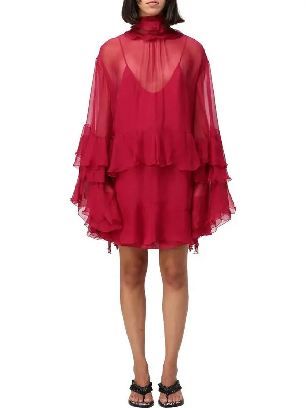 Chloé High-neck Silk Mini Dress With Long Sleeves And Ruffle Details - Red