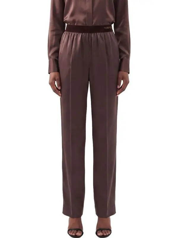 TOM FORD Slim Fit Silk Trousers With Logo Waistband - Coffee