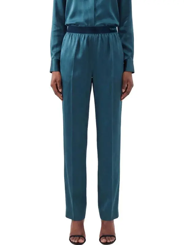 TOM FORD Slim Fit Silk Trousers With Logo Waistband - Turquoise