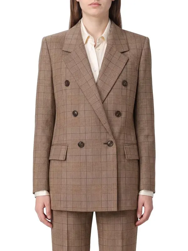 Chloé Prince Of Wales Double-breasted Blazer In Pure Wool - Brown
