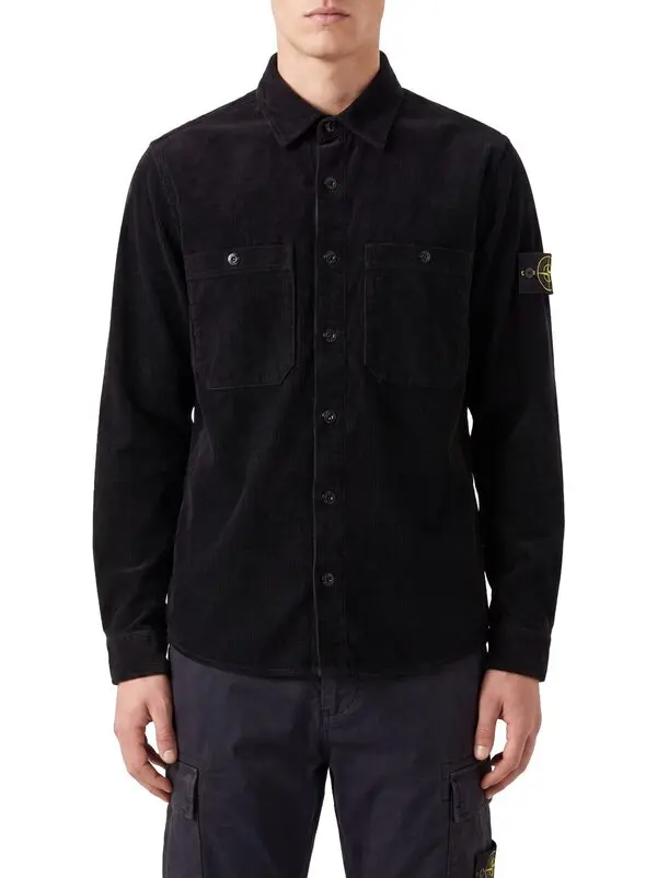 Stone Island Slim Fit Corduroy Shirt With Applied Compass Logo - Black