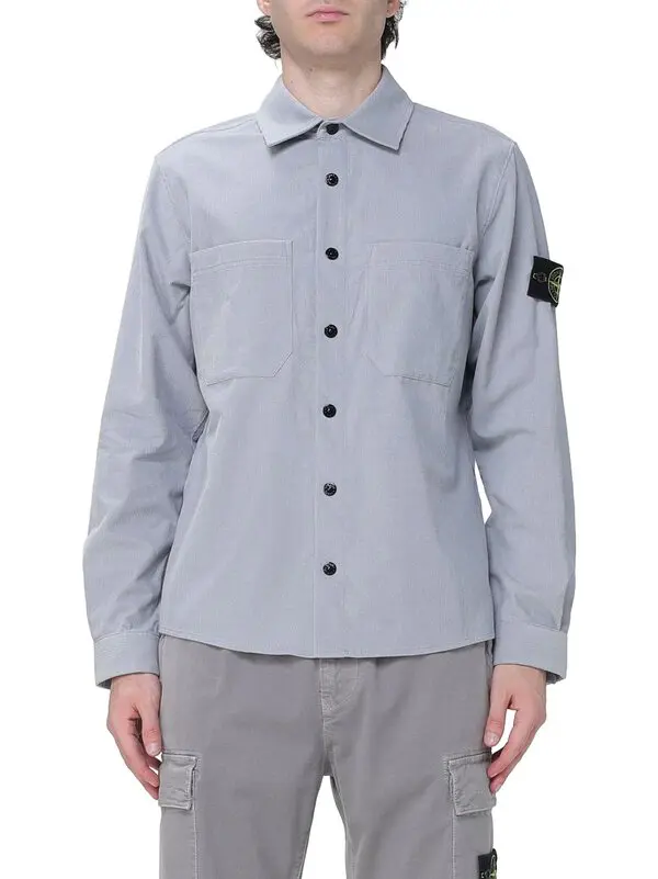 Stone Island Slim Fit Corduroy Shirt With Applied Compass Logo - Grey