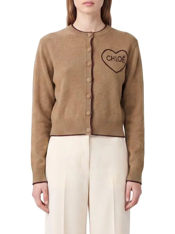Chloé Jacquard Logo Wool And Cashmere Cardigan - Brown