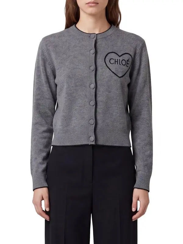 Chloé Jacquard Logo Wool And Cashmere Cardigan - Grey