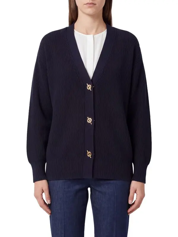 Elisabetta Franchi V-neck Viscose Blend Cardigan With Dropped Shoulders And Hook-and-eye Closure - Blue