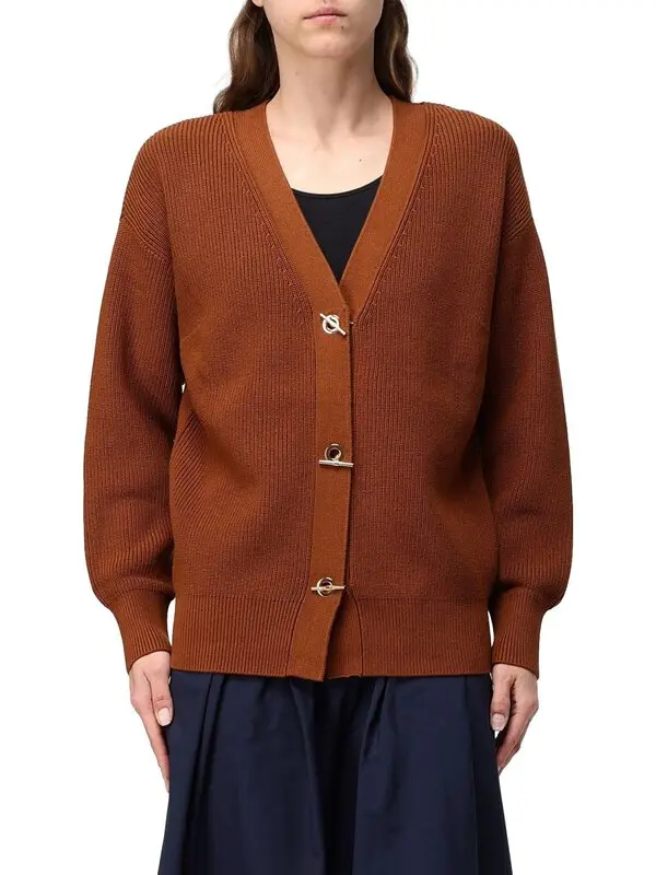 Elisabetta Franchi V-neck Viscose Blend Cardigan With Dropped Shoulders And Hook-and-eye Closure - Earth