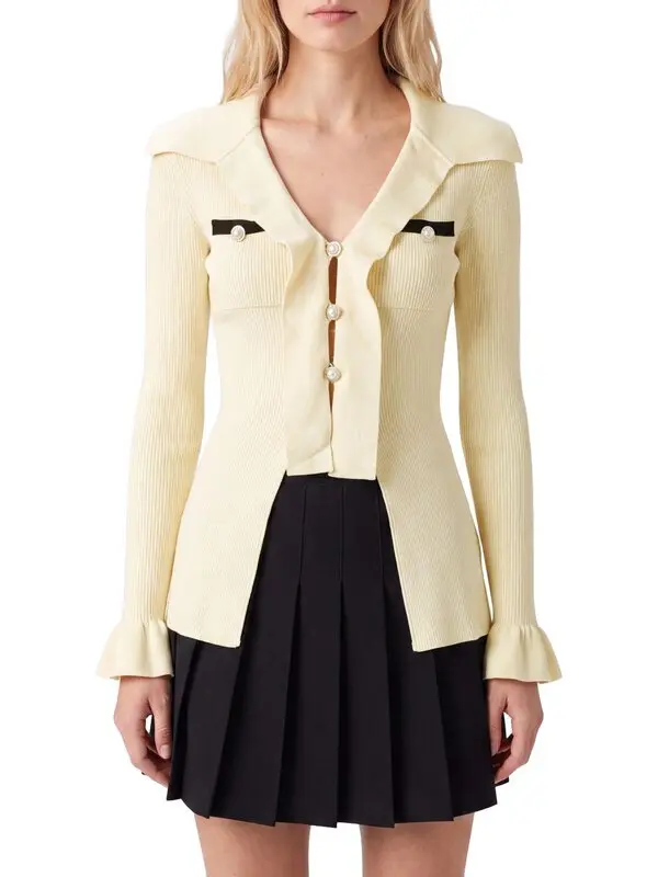 SELF-PORTRAIT Ribbed Knit Cardigan With Embellished Details - Yellow