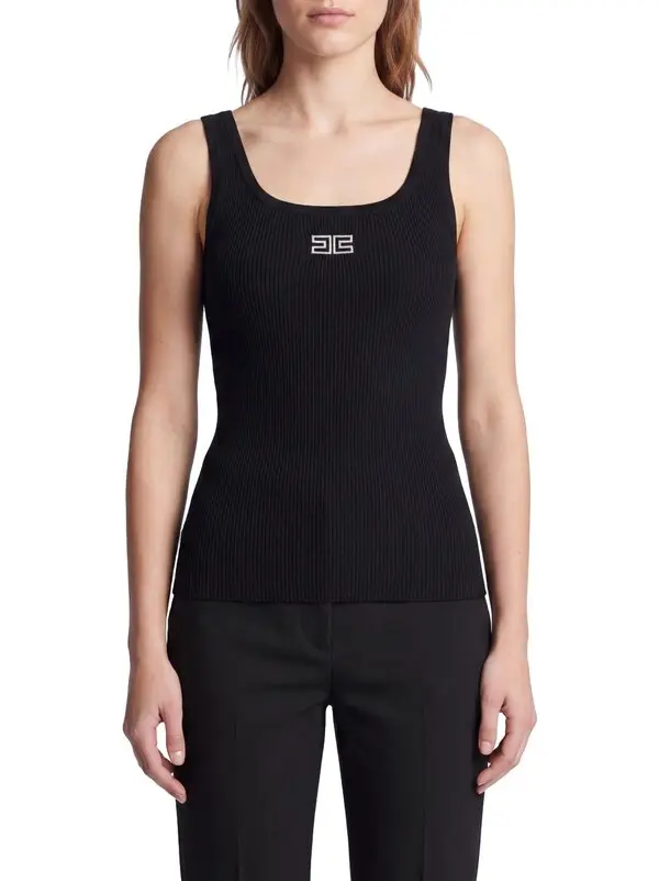 Elisabetta Franchi Slim Fit Wool Knit Top With Embroidered Logo - Black