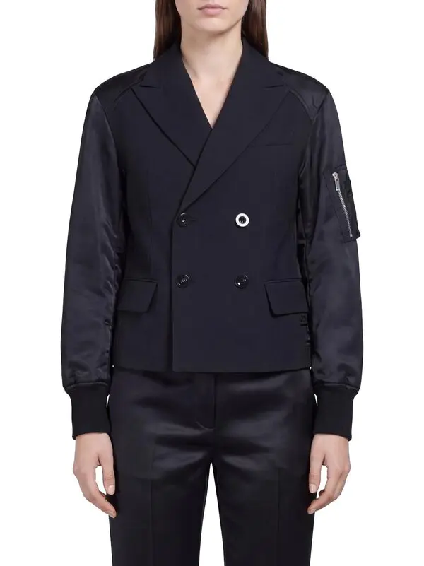 Sacai Slim Fit Double-breasted Short Coat In Wool With Nylon Inserts - Black