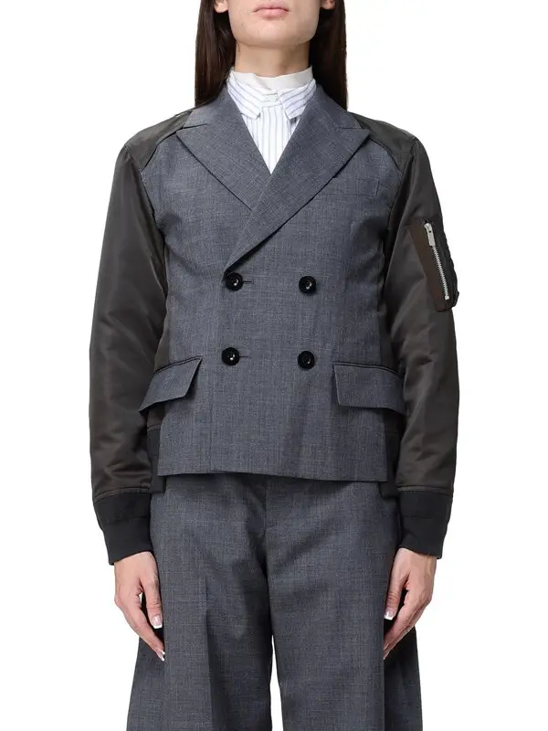 Sacai Slim Fit Double-breasted Short Coat In Wool With Nylon Inserts - Grey