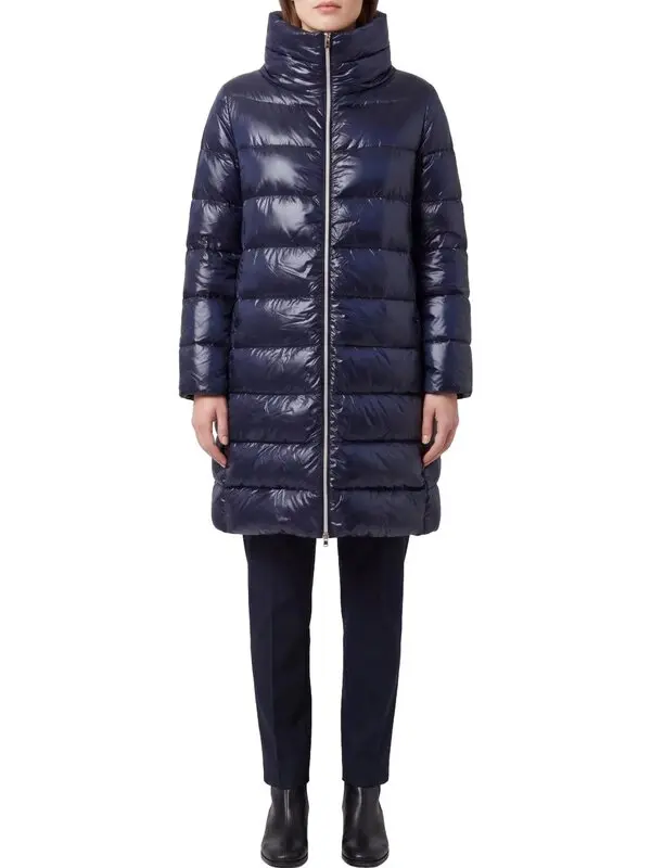 Herno Long Quilted Nylon Puffer Coat With High Neck And Down Padding - Navy