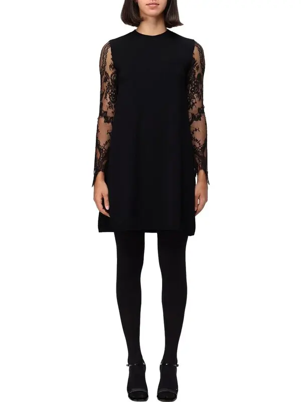 Valentino Garavani Mini Sheath Dress In Viscose Knit With Lace Details - Black